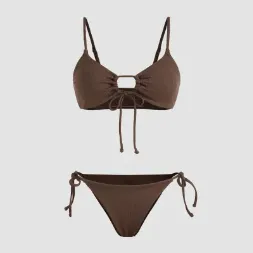 Solid O-Ring Front Tied Bikini Set - Cider