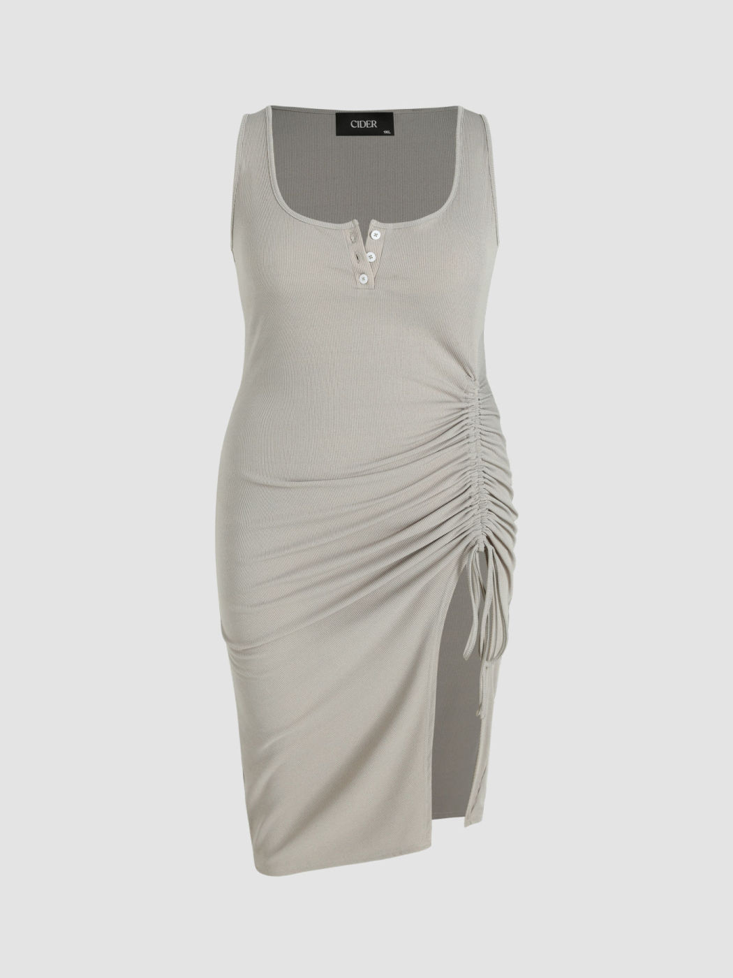 Knit Fabric Rib Button Drawstring Midi Dress Curve & Plus For Daily ...