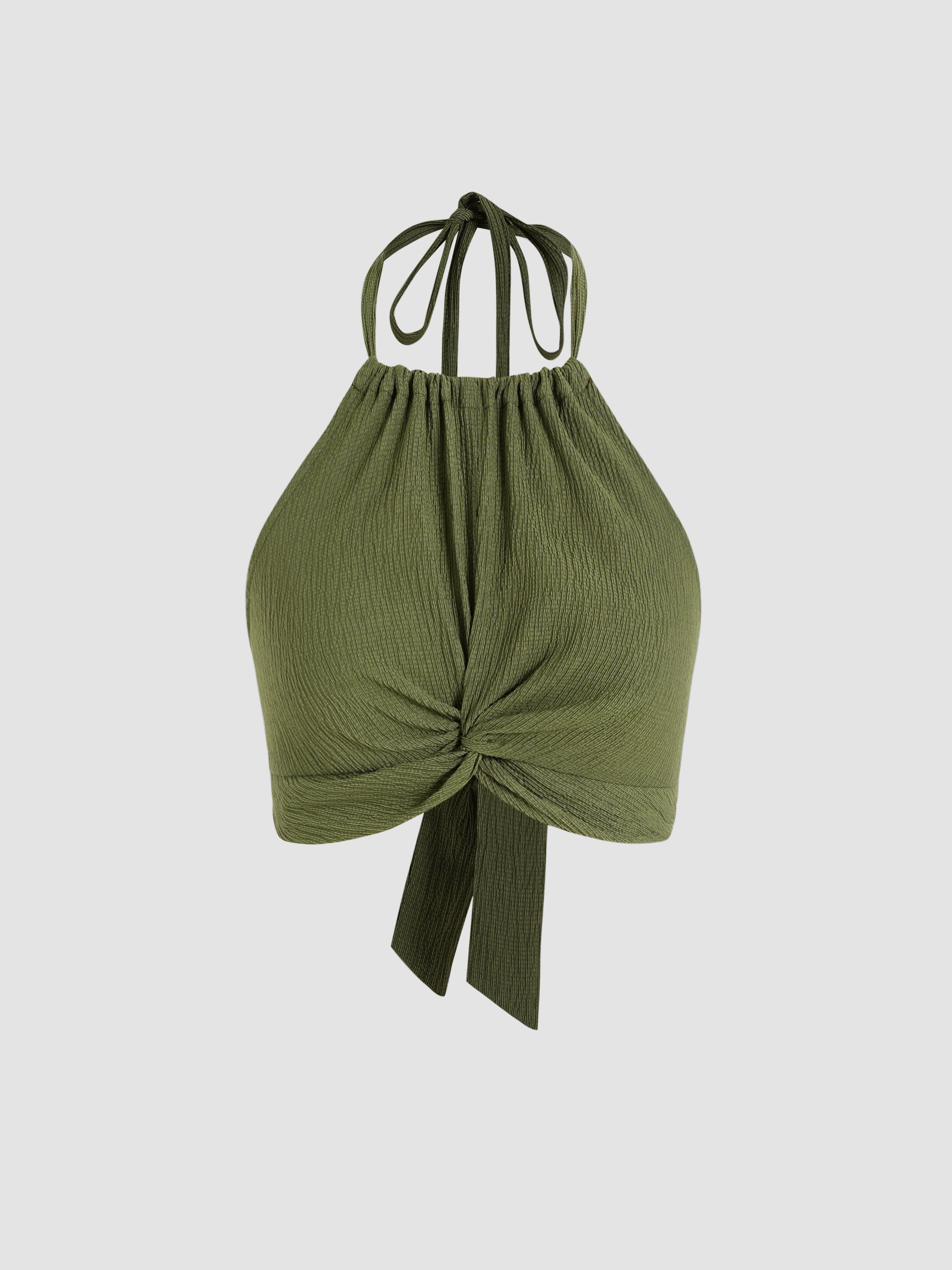 Solid Texture Twist Halter Top For Date Exhibition Vacation