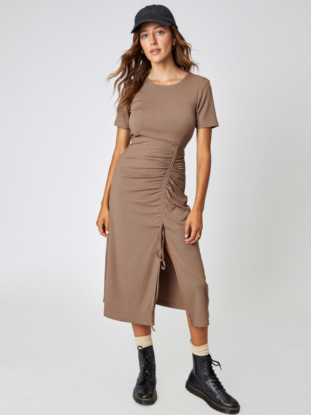 Solid Drawstring Slit Midi Dress For Exhibition Vacation