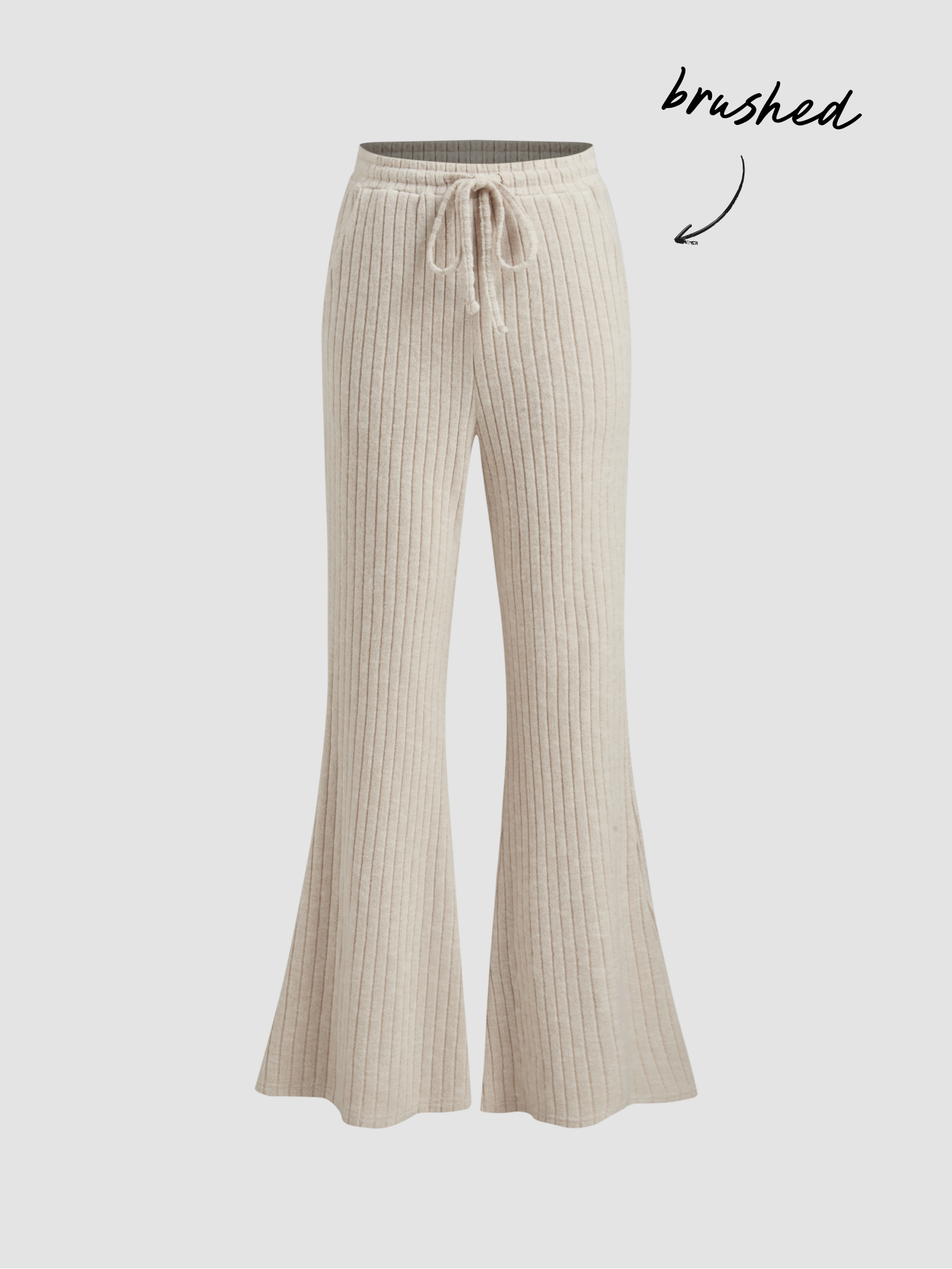 Knit Fabric Brushed Mid Rise Drawstring Flared Trousers For Daily Casual